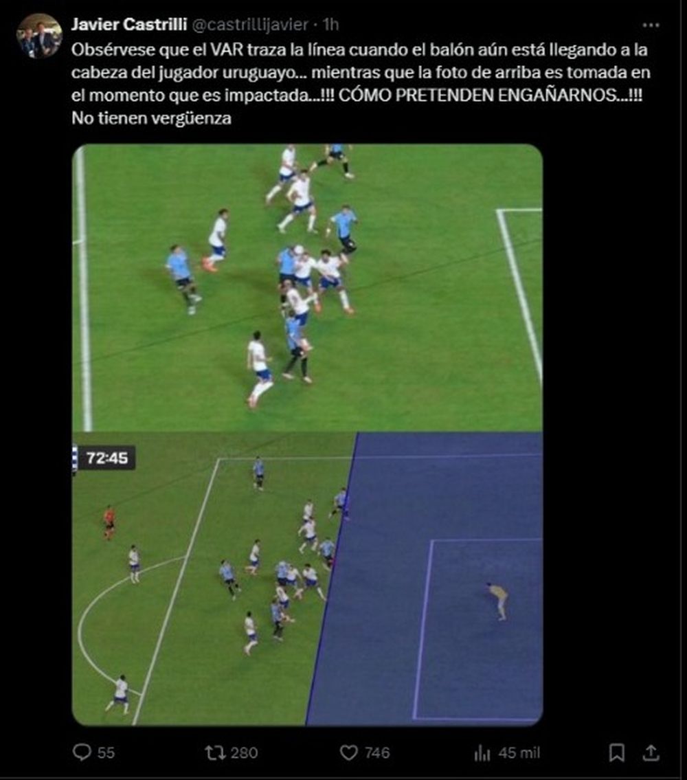 Javier Castrilli: No se puede creer el gol que le dieron a Uruguay; mirá la línea que trazó el VAR